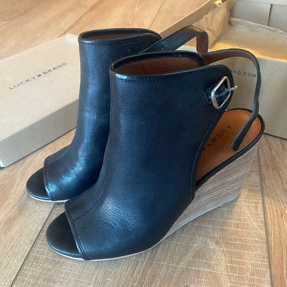 Lucky Brand | Shoes | Lucky Brand Black Leather Peep Toe Wedge Bootie ...